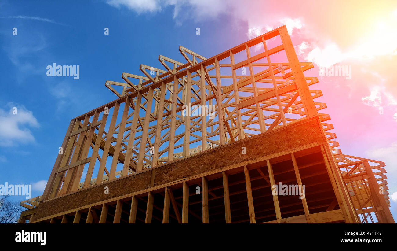 Timber frame house, new build roof with wooden truss, post and beam ...