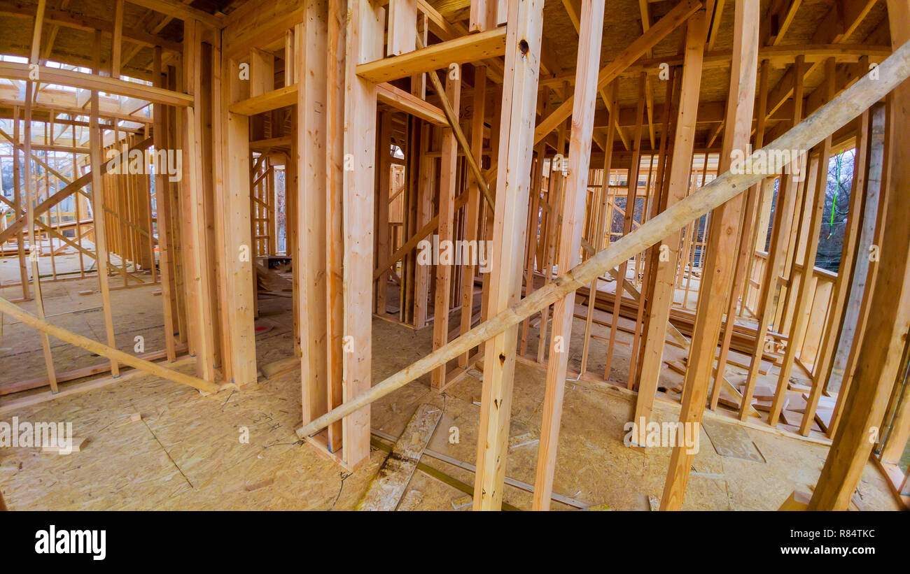 Residential construction home framing view on new house wooden under ...
