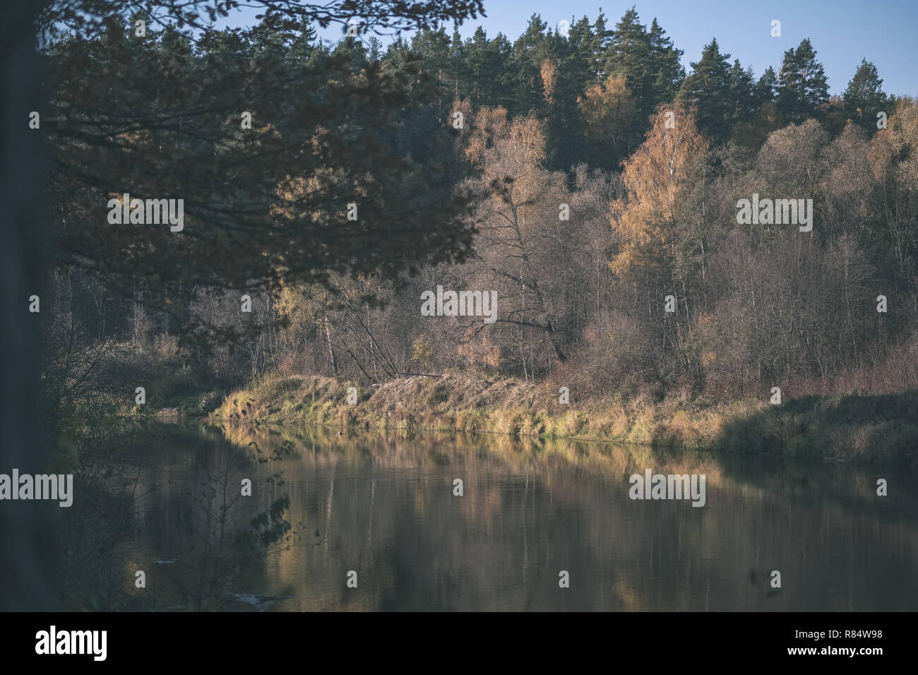 nature reflections in clear water in lake or river at countryside ...