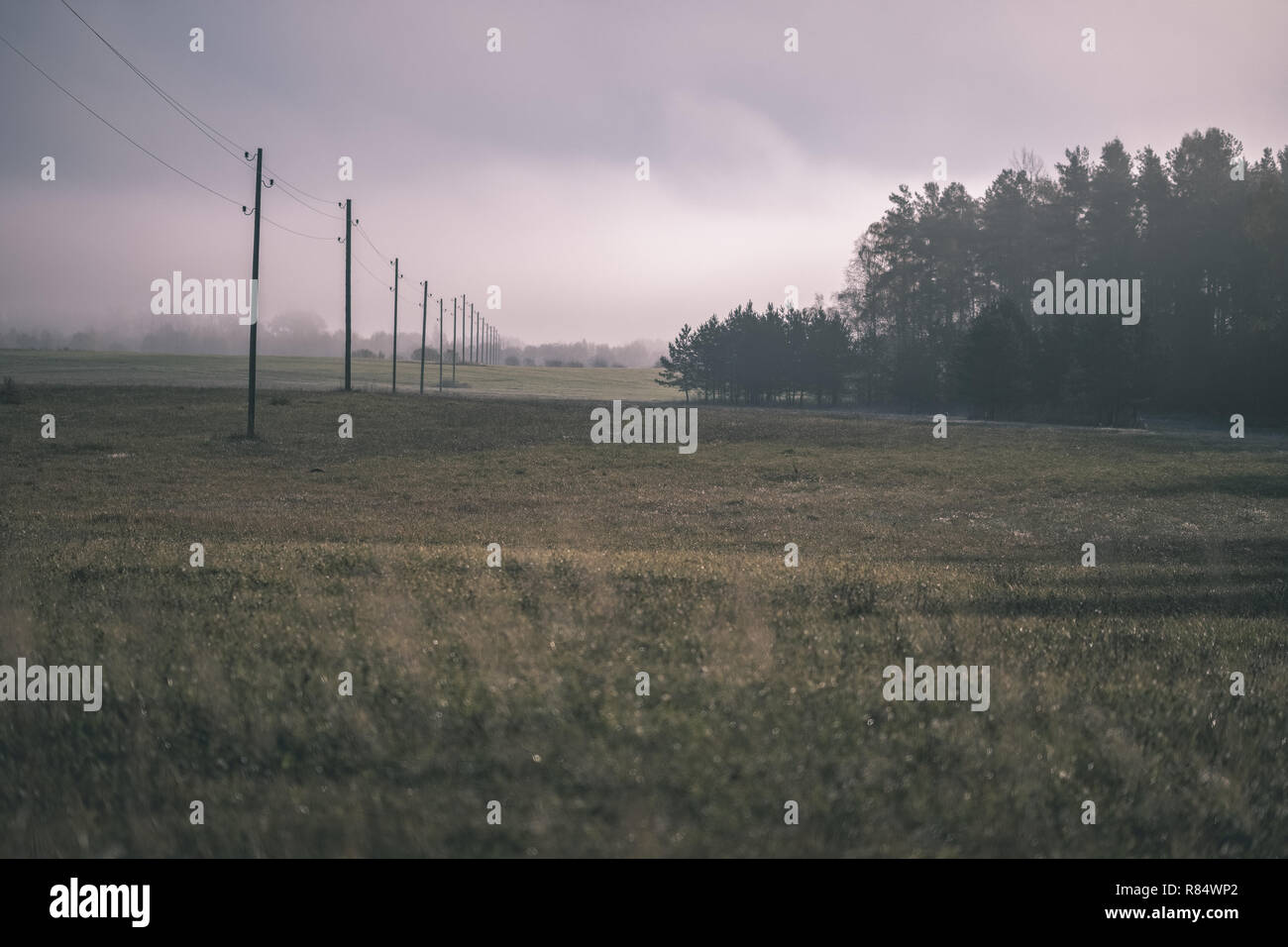 power line electricity poles in country with wires - vintage old film ...