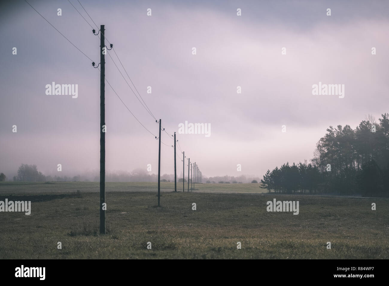 power line electricity poles in country with wires - vintage old film ...