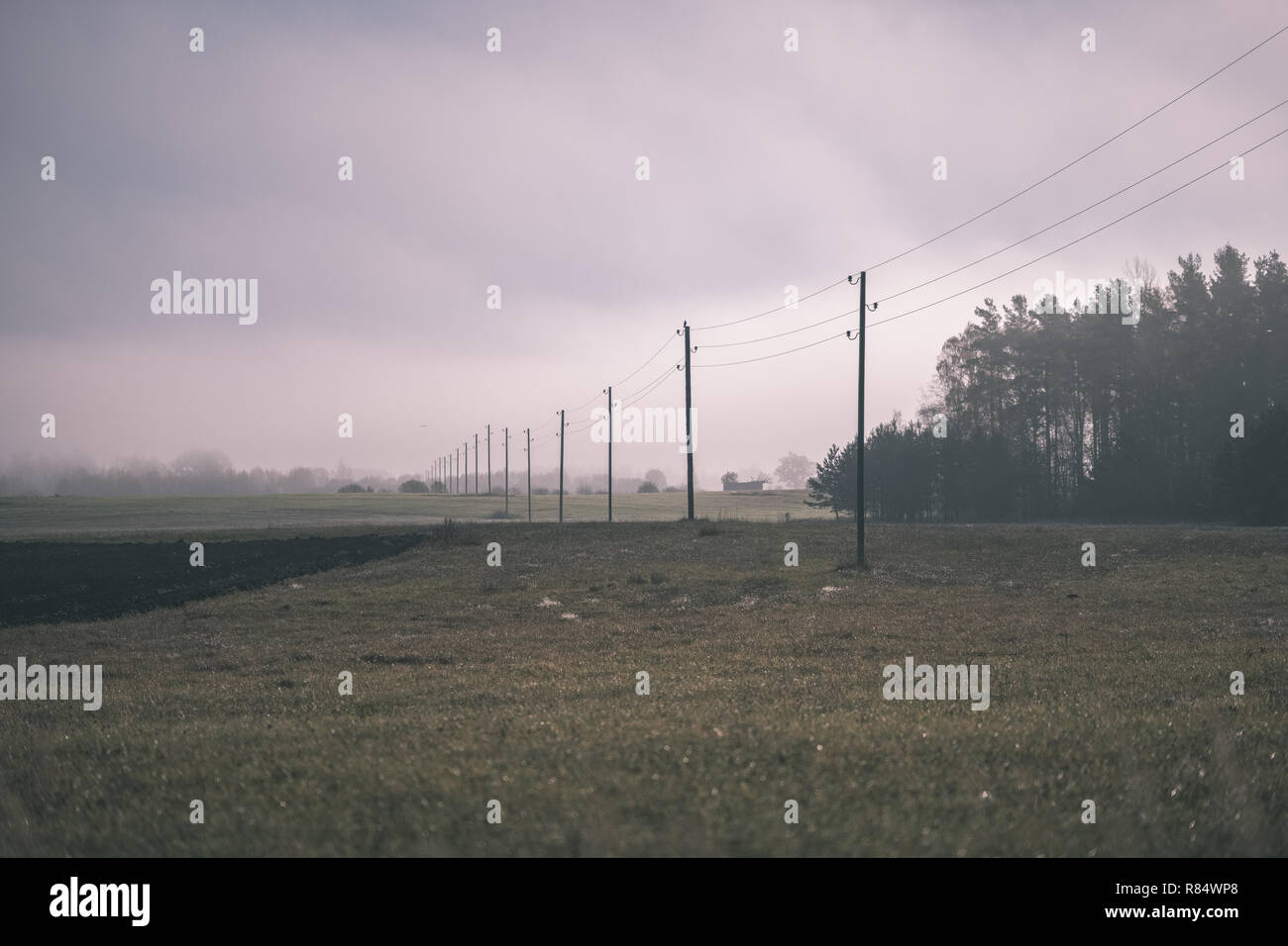 power line electricity poles in country with wires - vintage old film ...