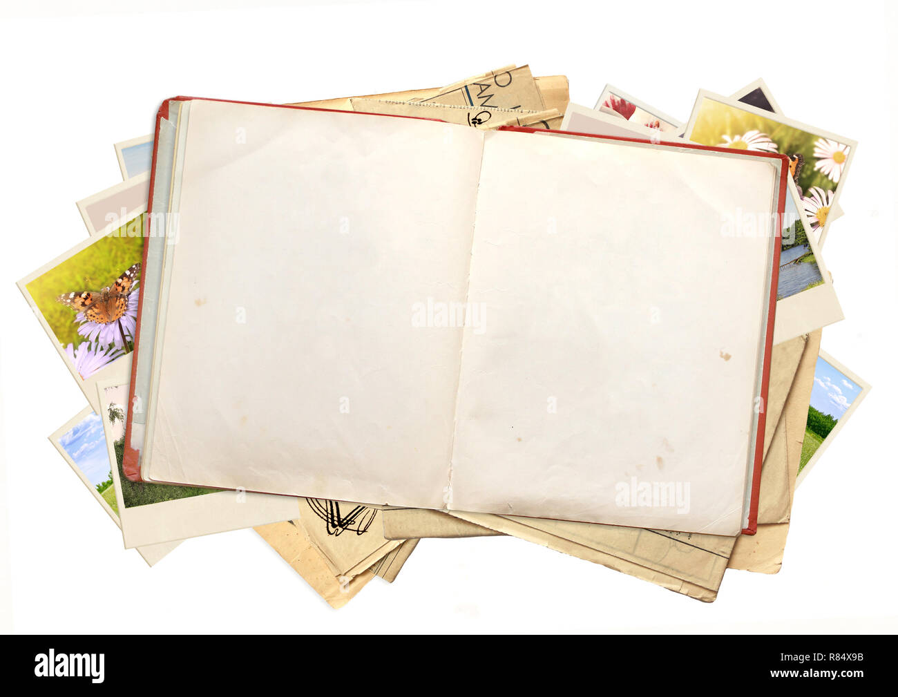Old book and photos. Objects isolated on white background Stock Photo ...