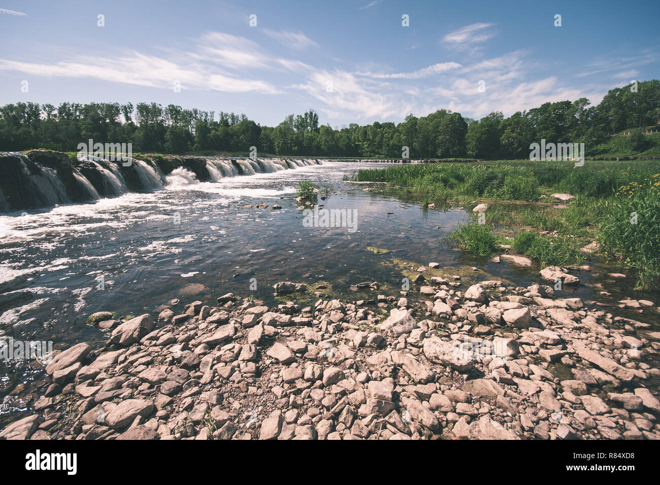 fresh clean waterfall in summer with loads of water - vintage retro ...