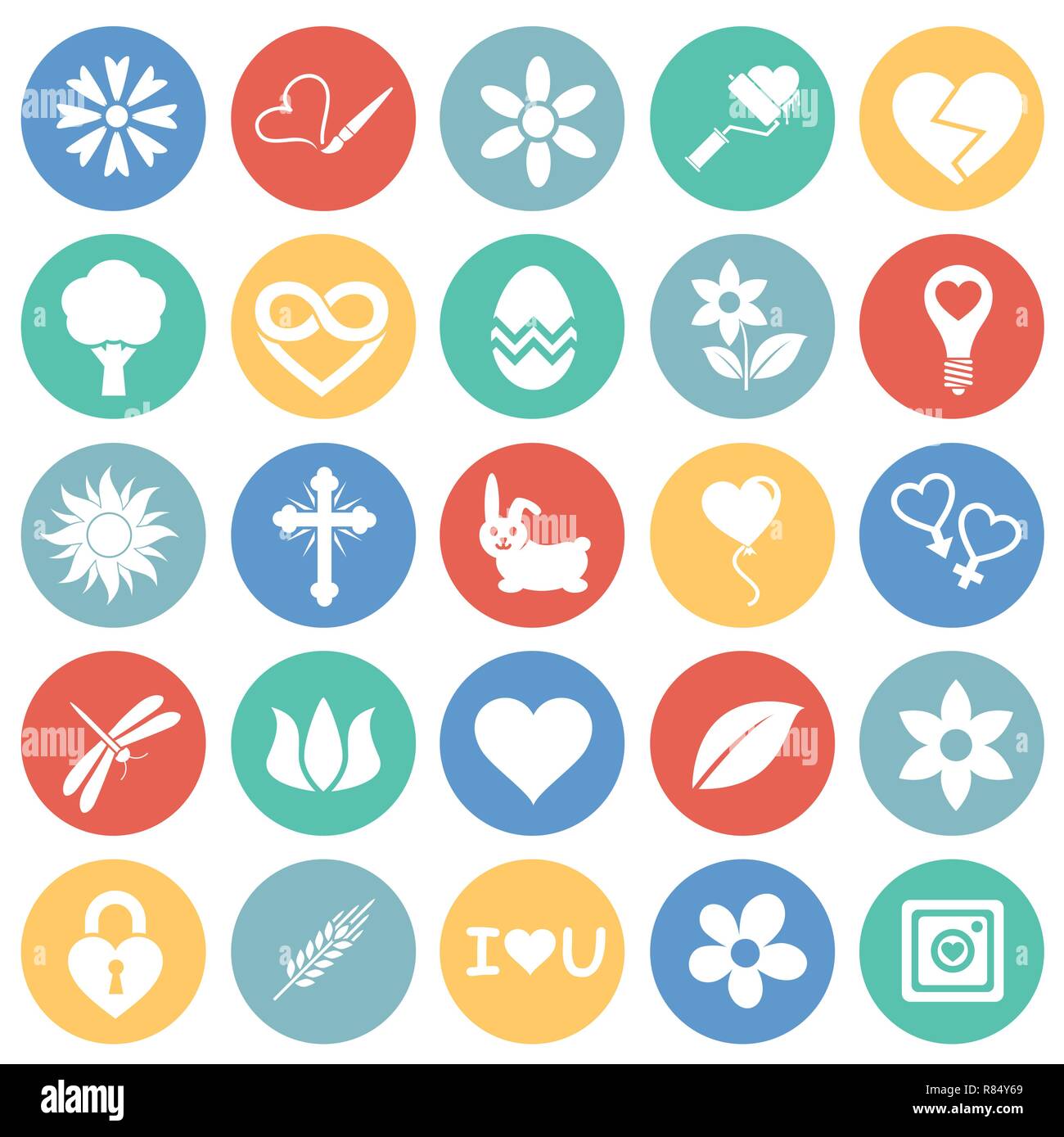 Spring icons set on color circles background for graphic and web design ...