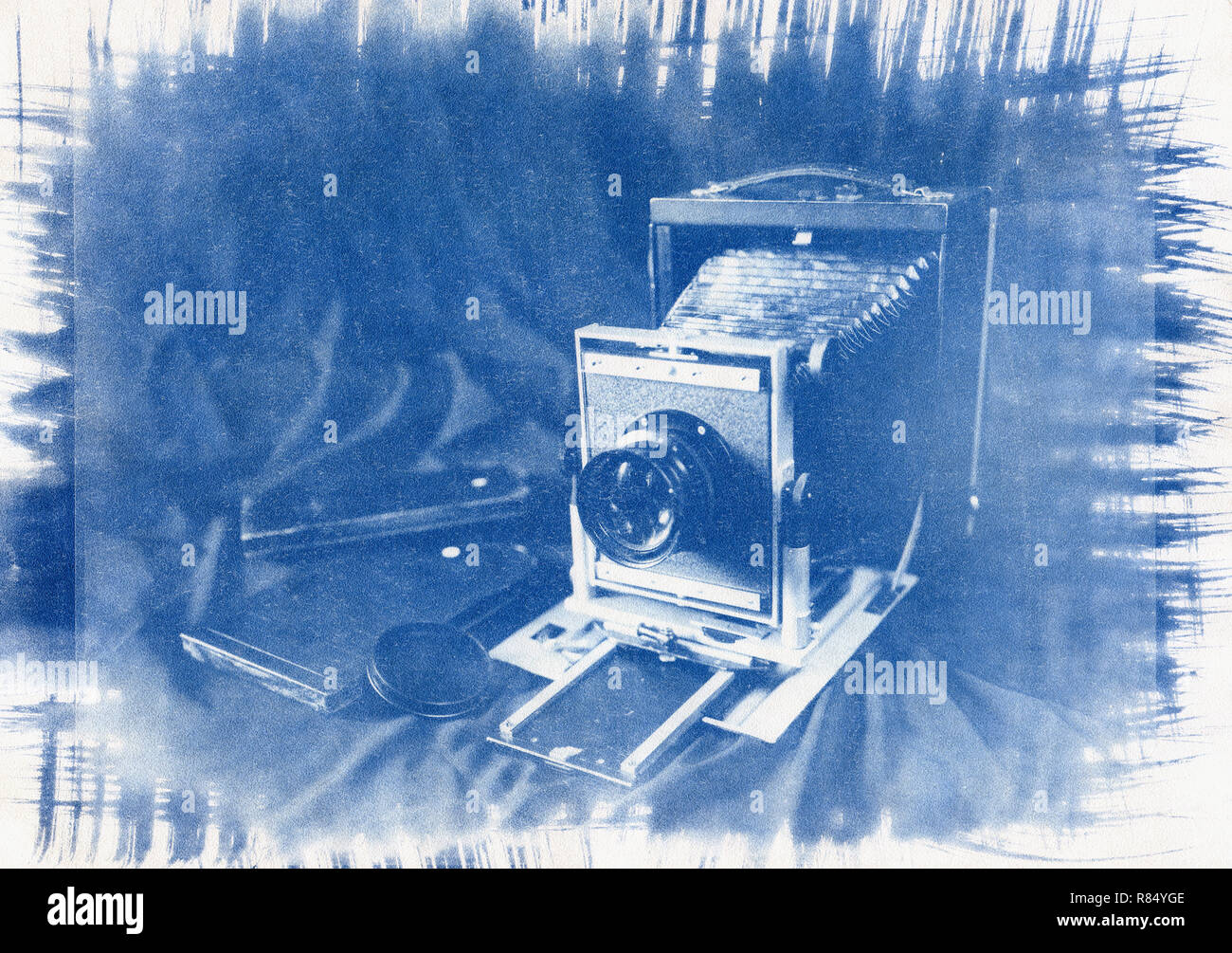 Old large format camera and cassettes for it. Cyanotype scan on ...