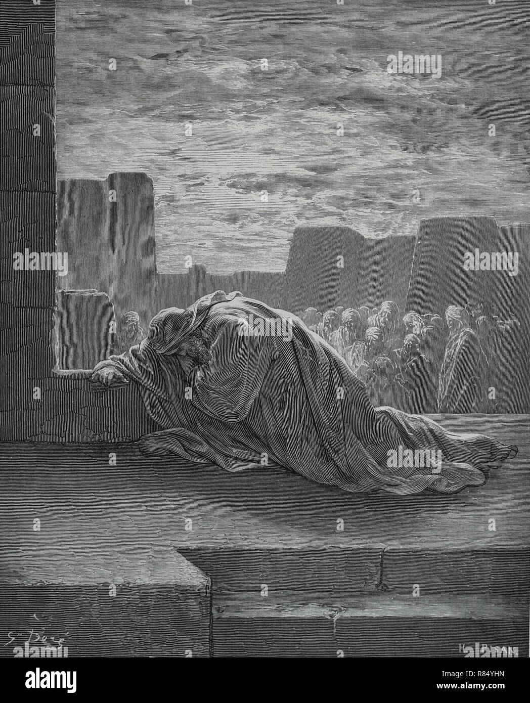 Bible. Ezra in prayer. Book of Ezra 9:6. Engravin by Dore. 19th century ...