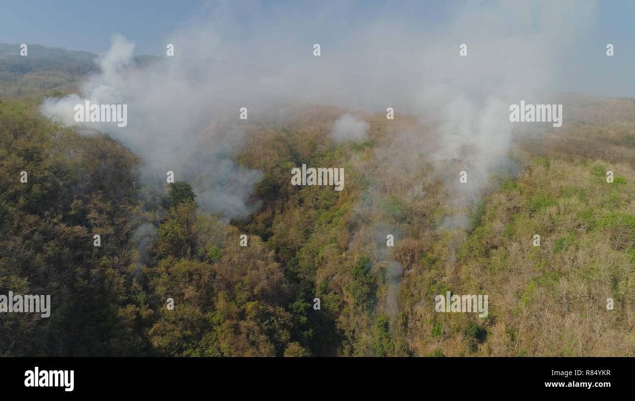 aerial view forest fire smoke on the slopes hills. wild fire in ...