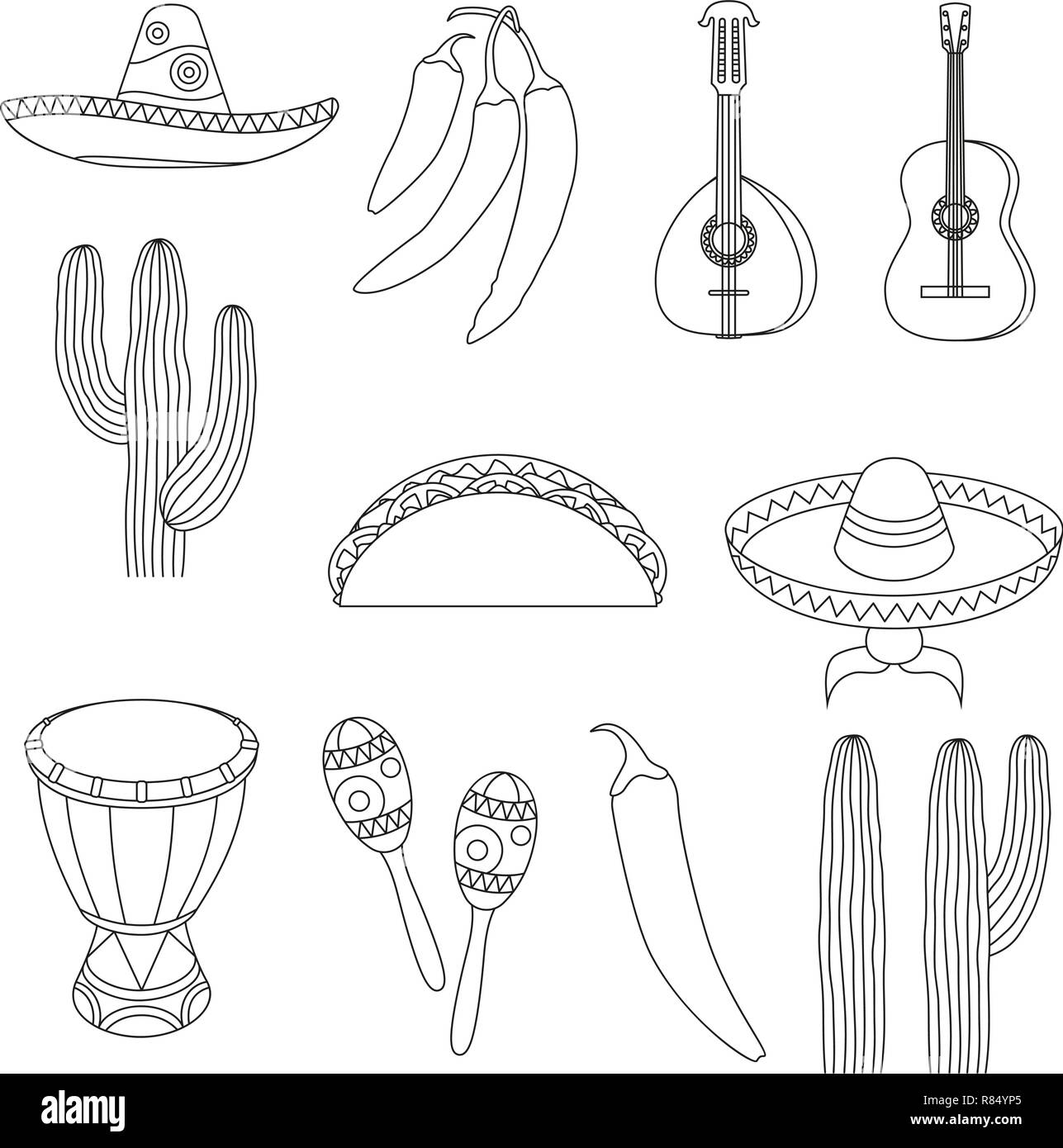 Line art black and white 12 mexican elements Stock Vector Image & Art ...