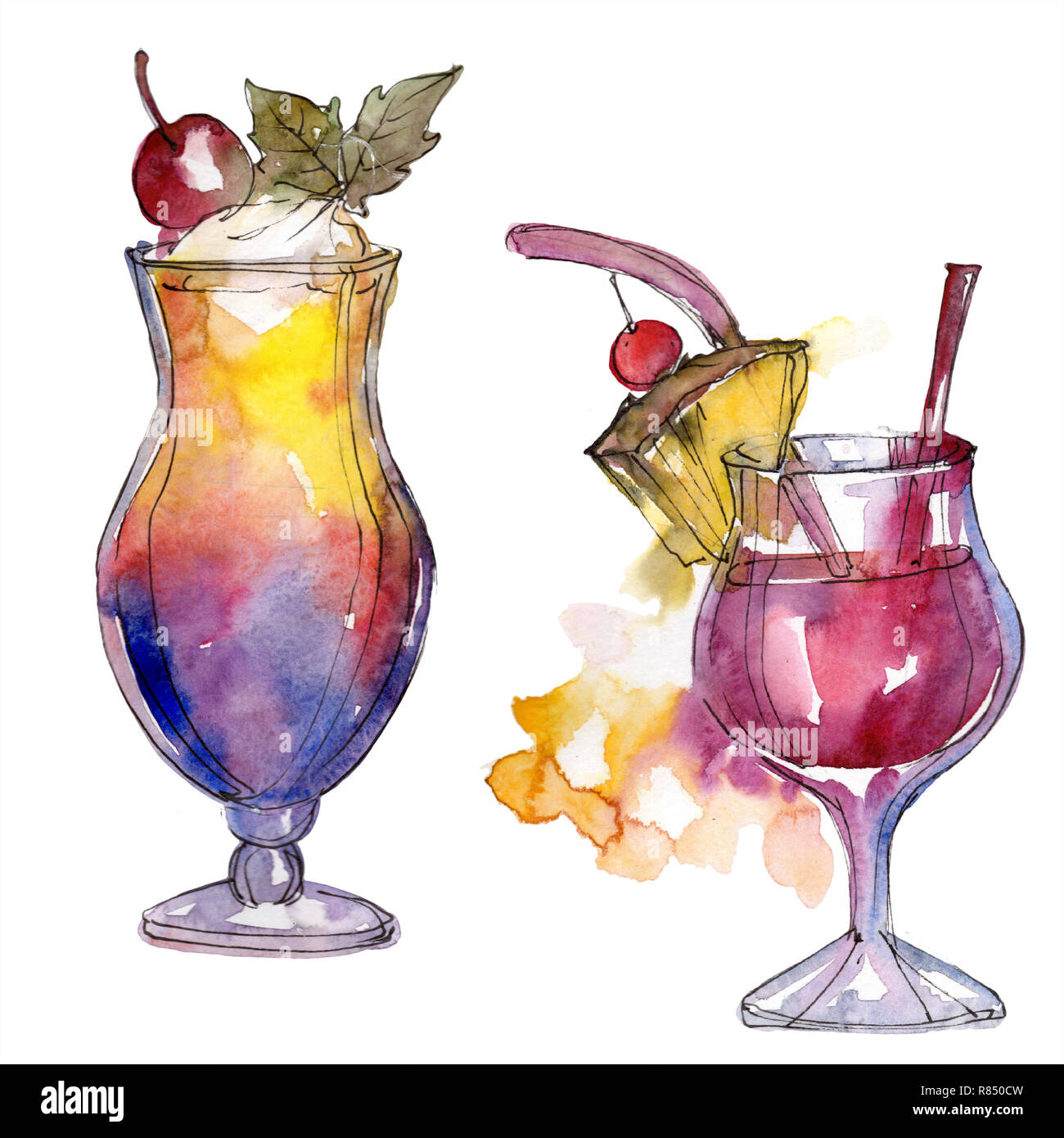 Cocktail Drink Watercolor Background Illustration Set Watercolour