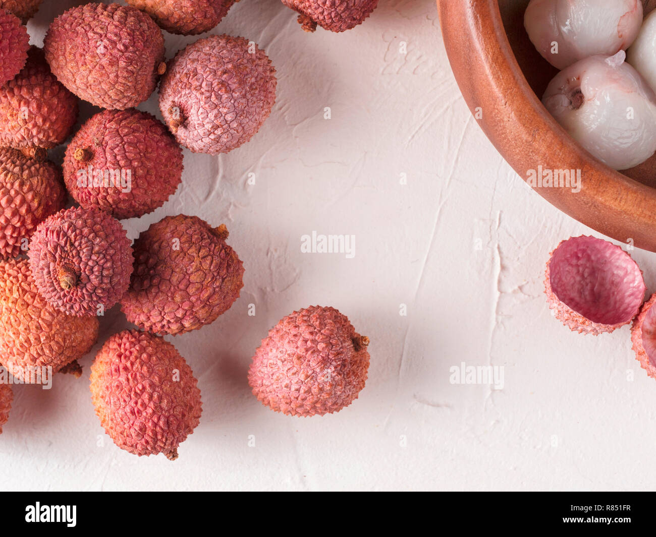 lichee fruit on white textured background. Lychee wit copy space. Top ...