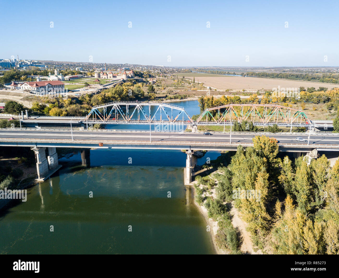 Aerial view of Peacekeepers bridge over Dniester river in Bendery ...