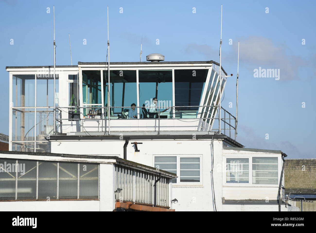 Air traffic controllers work in the old tower at Cranfield Airport in ...