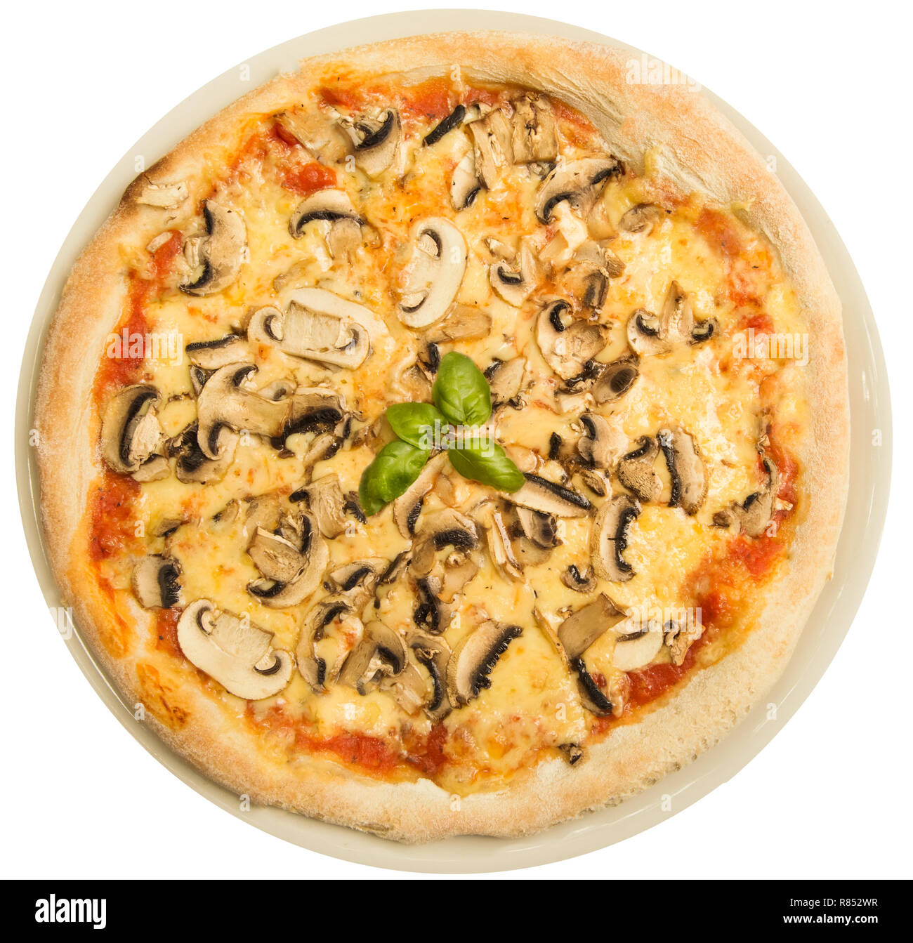 Overhead studio isolated pizza shot on white background with plate ...