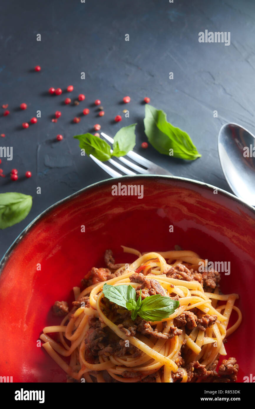 Italian pasta bolognaise. View from above. Italian home cooking Stock ...