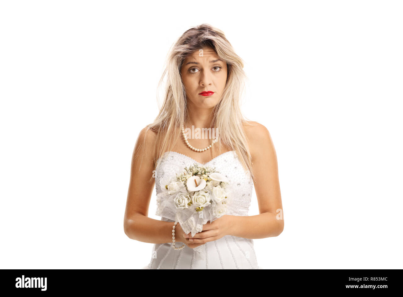 Sad bride with a messy hair isolated on white background Stock Photo ...