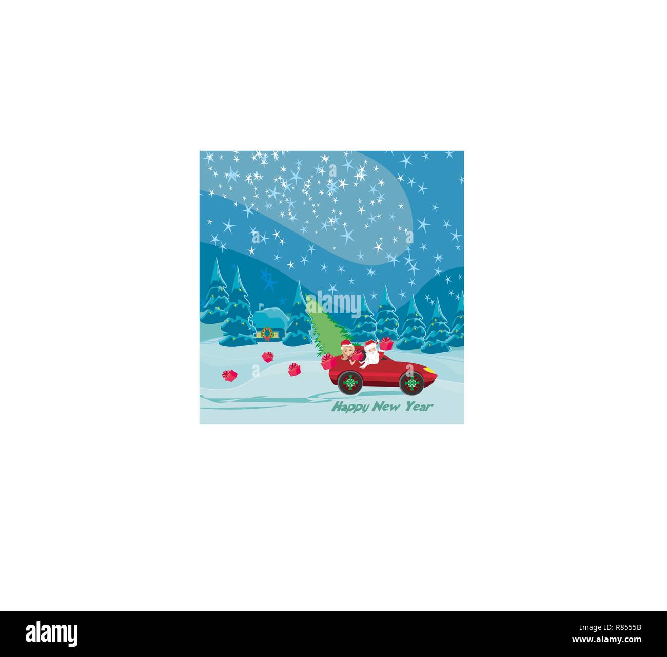 Santa Claus driving car with Christmas gift and a beautiful girl Stock ...