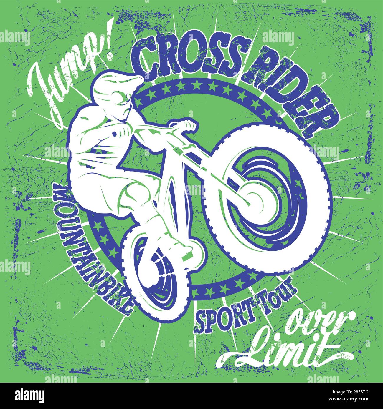 Biker jumping with mountain bike on textured background, vector image ...