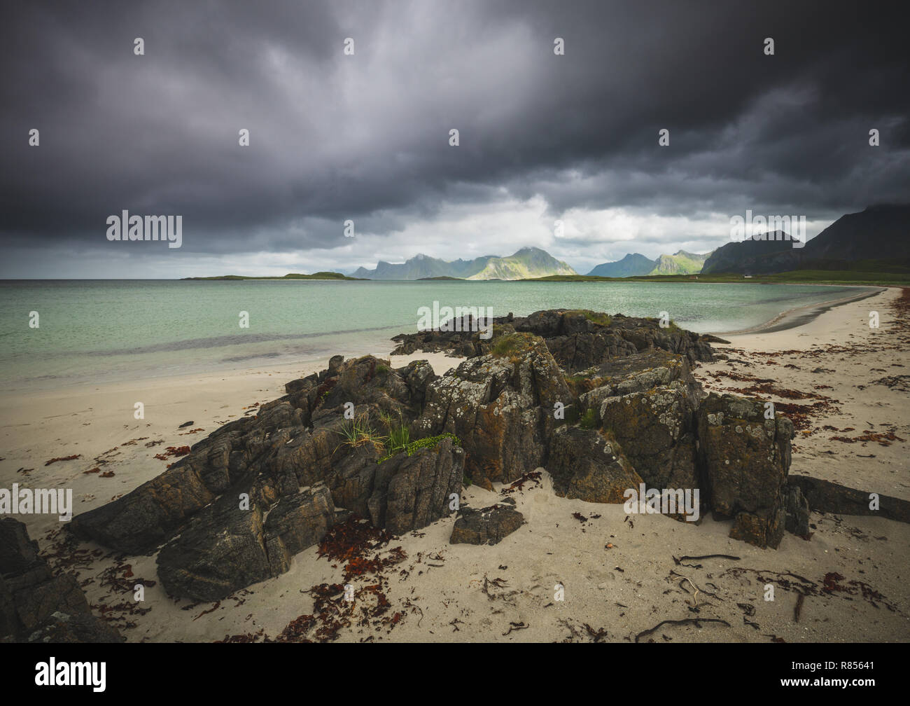 Sandbotnen bay near Fredvang, Lofoten island, Norway. Norwegian summer ...