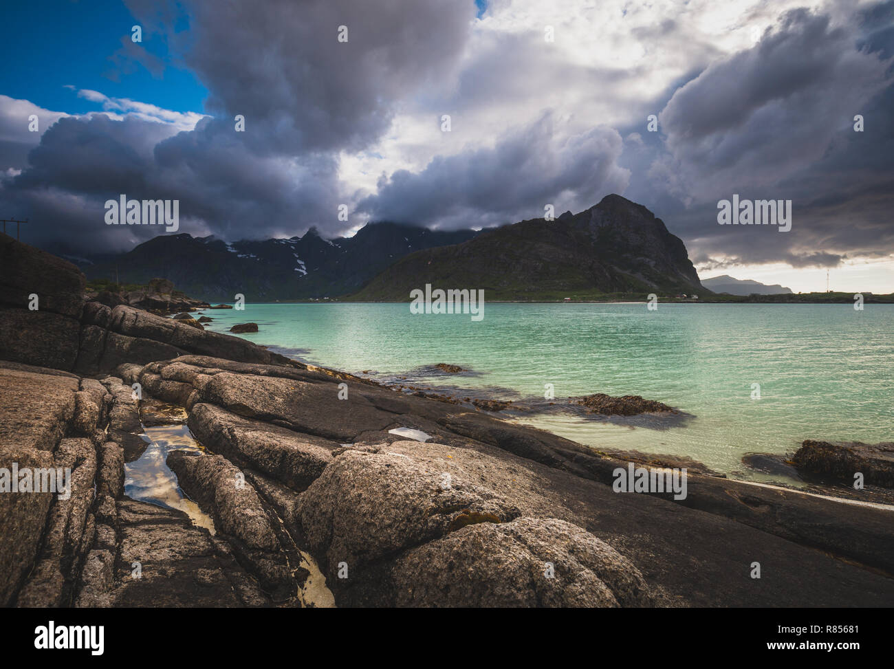 Colours of the Flakstadpollen bay on Lofoten islands, Norway. Rocky ...