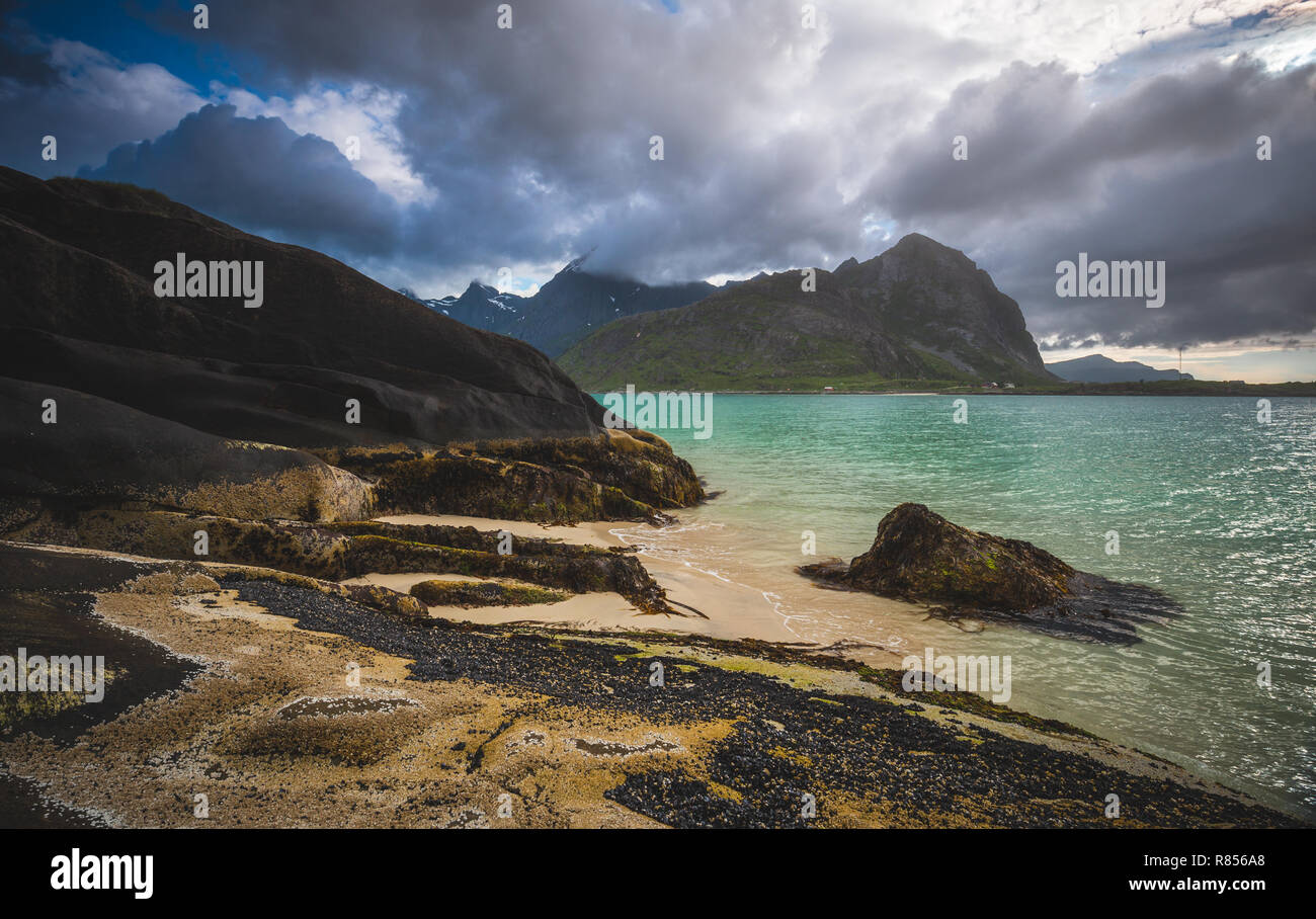 Colours of the Flakstadpollen bay on Lofoten islands, Norway. Rocky ...