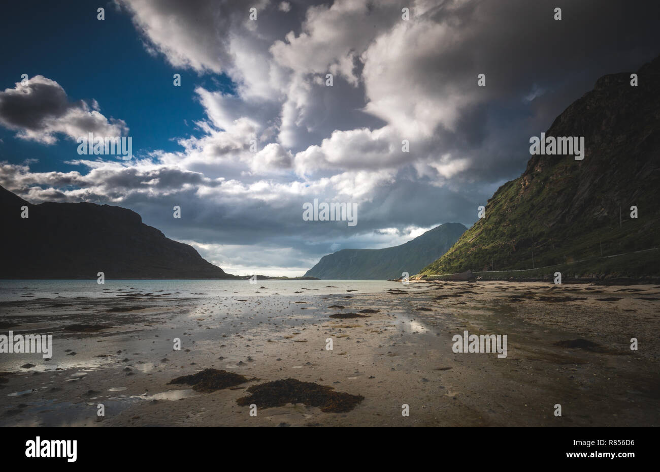 Amazing shores of Flakstadpollen sea bay on Lofoten, Norway. View on ...
