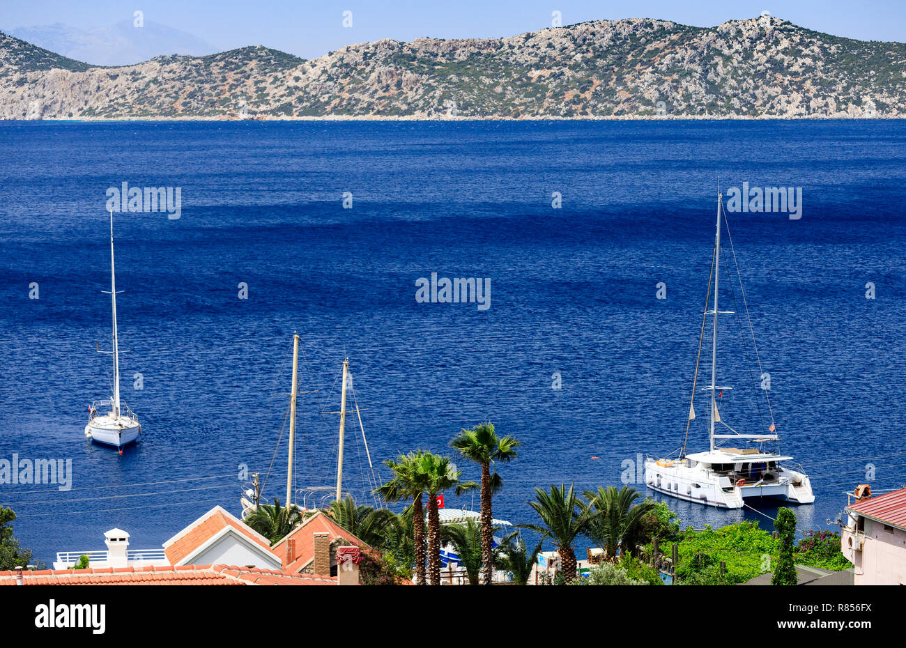 Sailing boats moored in Sogut, Bozburun Peninsula, Turkey Stock Photo ...