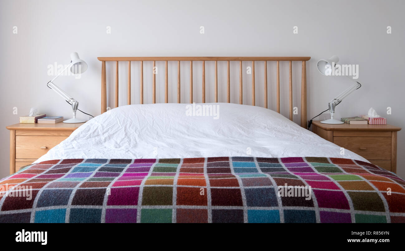 Scandi style, minimalist, uncluttered bedroom interior with wooden ...