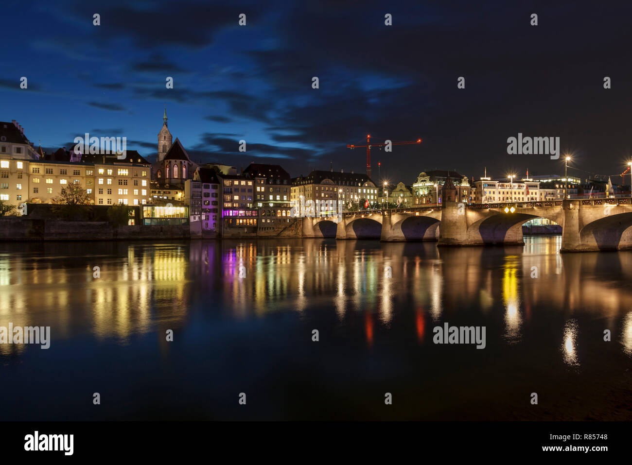 Middle bridge over the river Rhine in Basel, Switzerland, illuminated ...