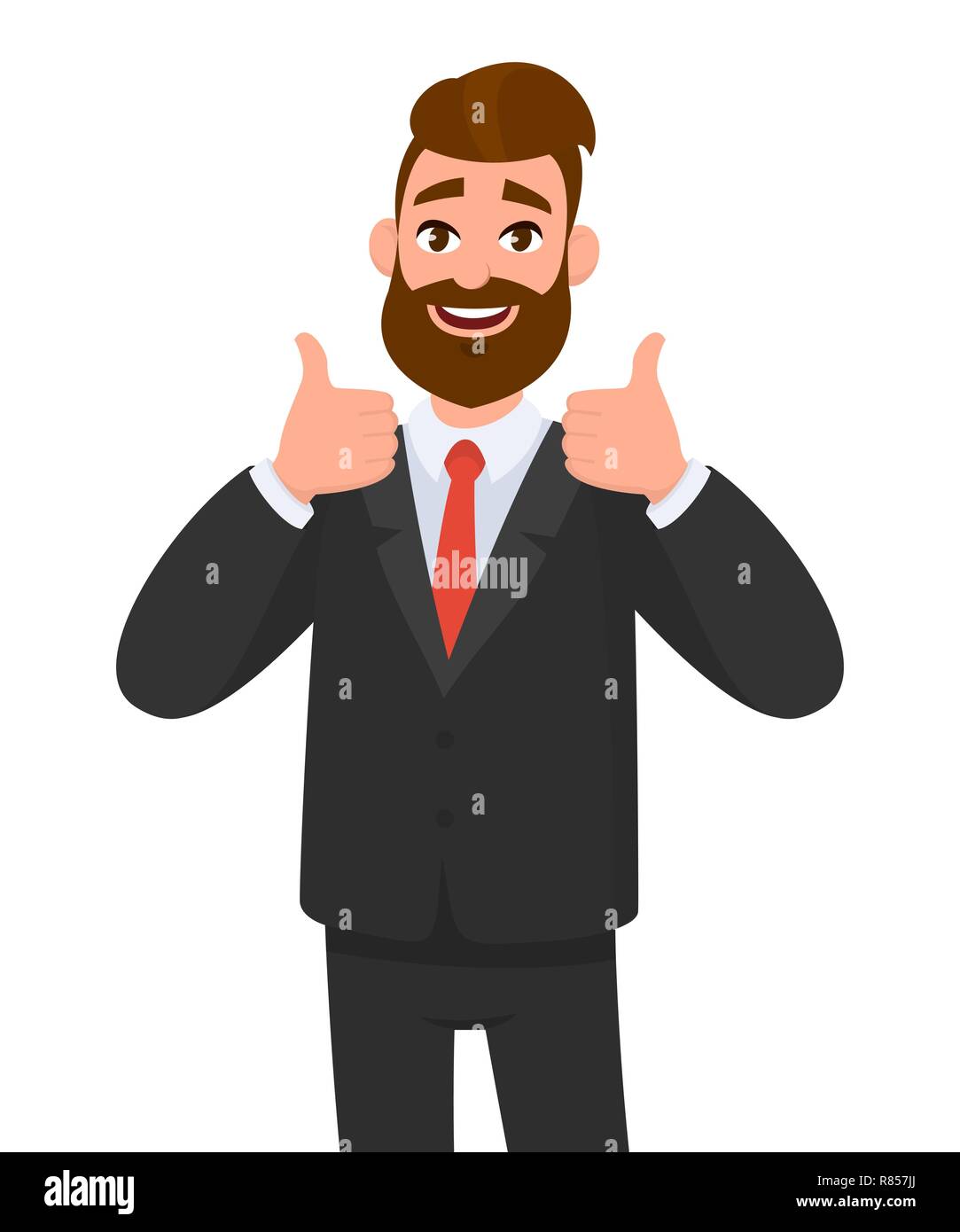 Portrait of excited business man dressed in black formal wear showing ...