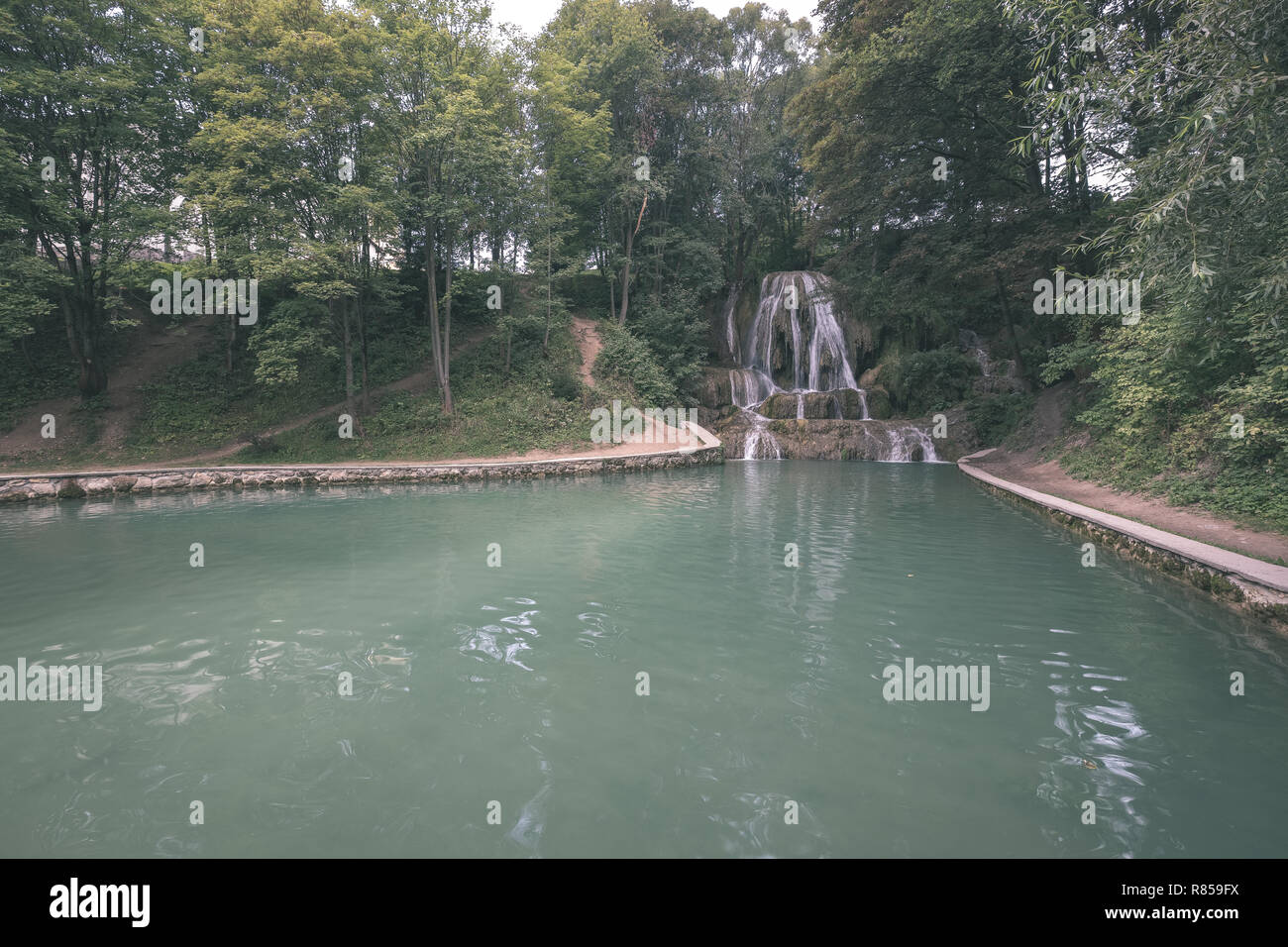 fresh clean waterfall in summer with loads of water - vintage retro ...