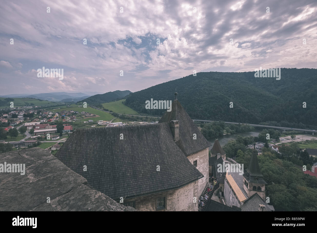 country village rooftops in Slovakia with mountains in background ...