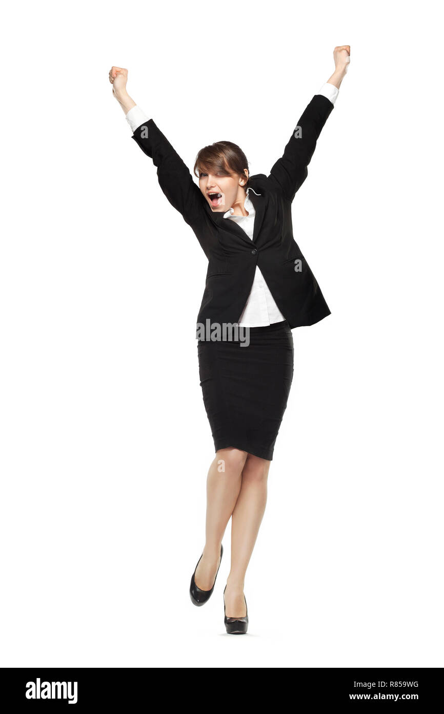 excited business woman holding hands up shouting, front view, full ...