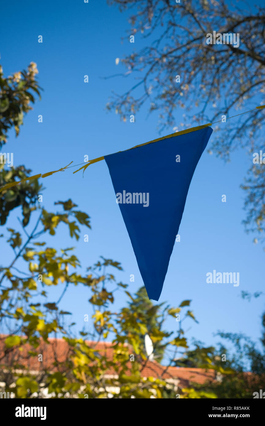 looking up at a single triangle from a bunting line against a bright ...
