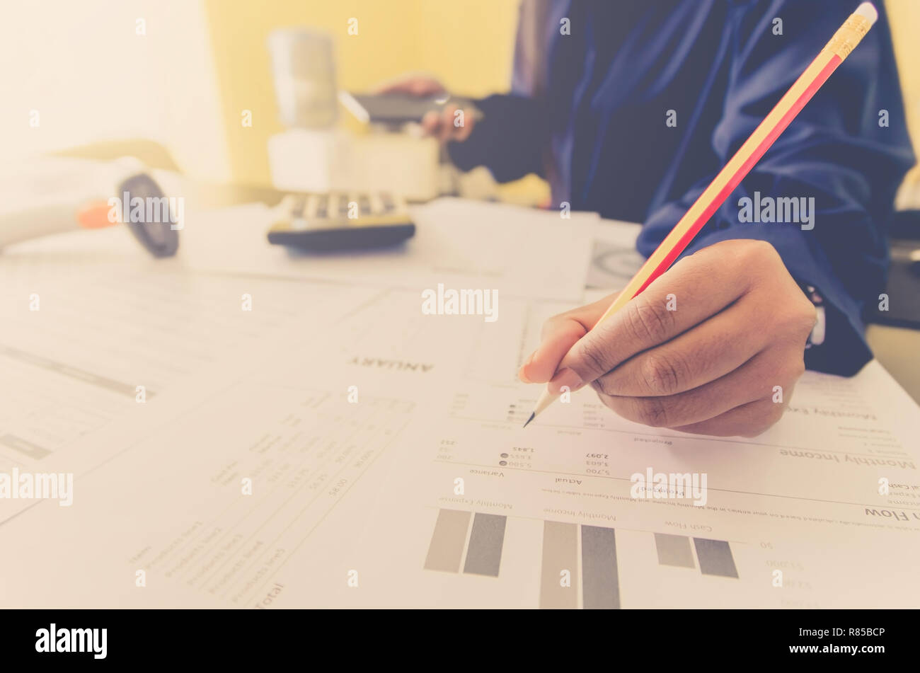 Business concept of financial and accounting with human hand are ...