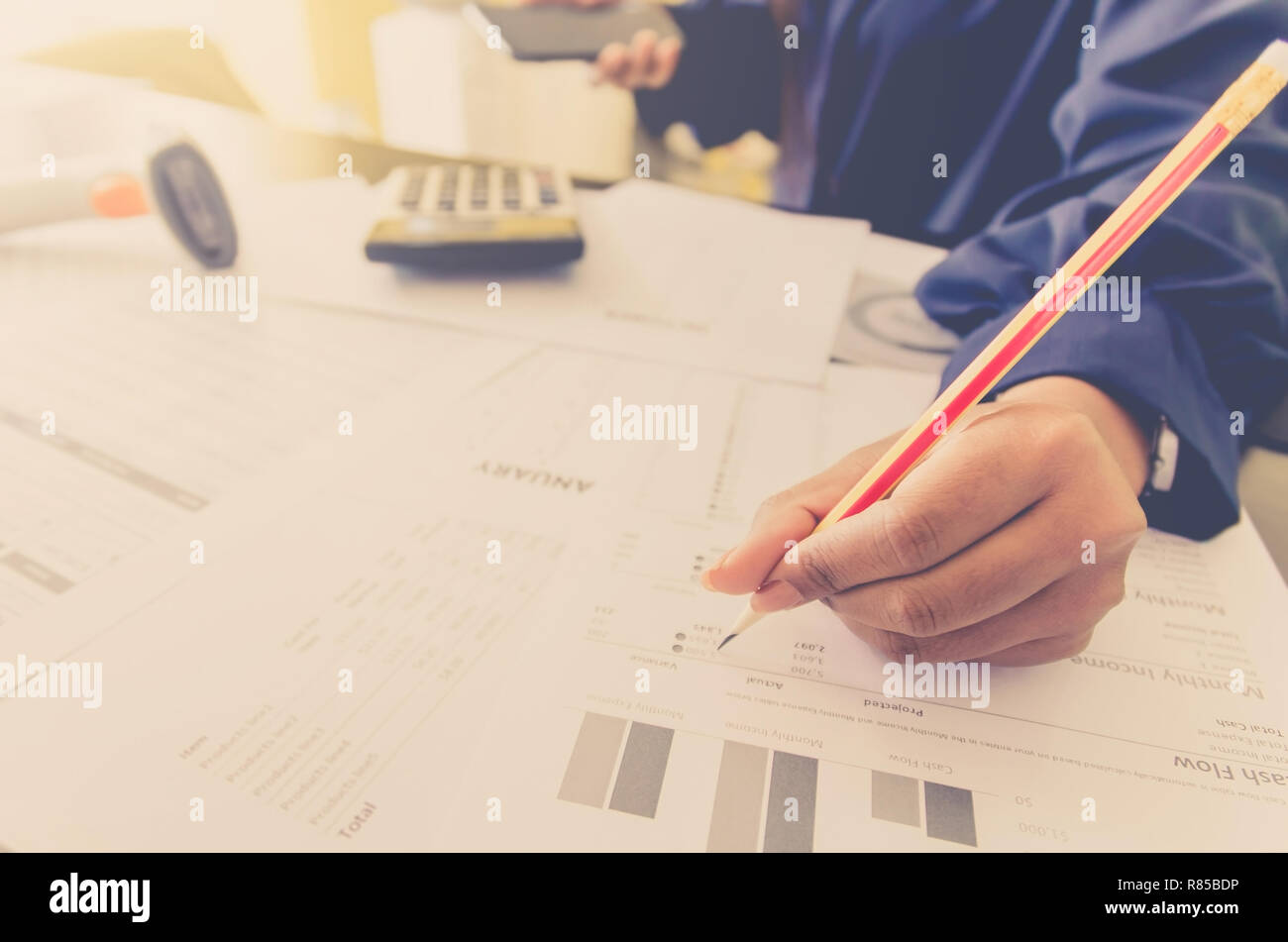 Business concept of financial and accounting with human hand are ...