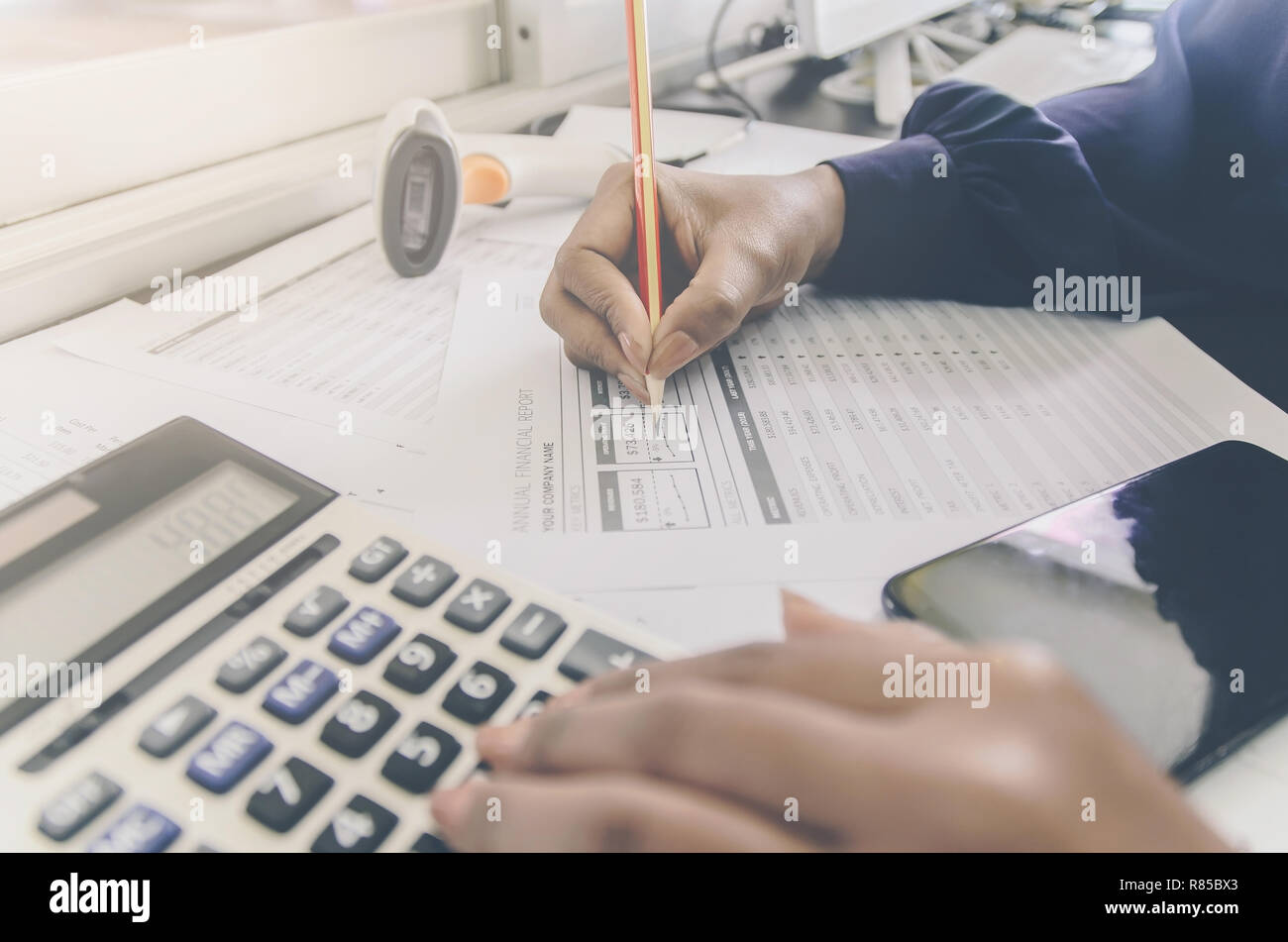 Business concept of financial and accounting with human hand are ...