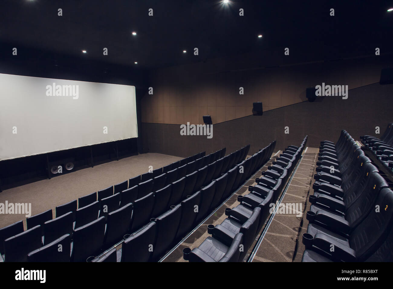 Empty silver cinema room interior with white screen and seats Stock ...