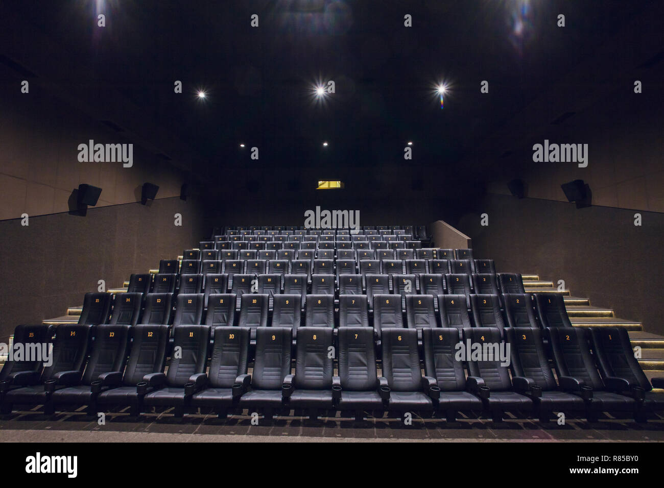 Empty silver cinema room interior with white screen and seats Stock ...