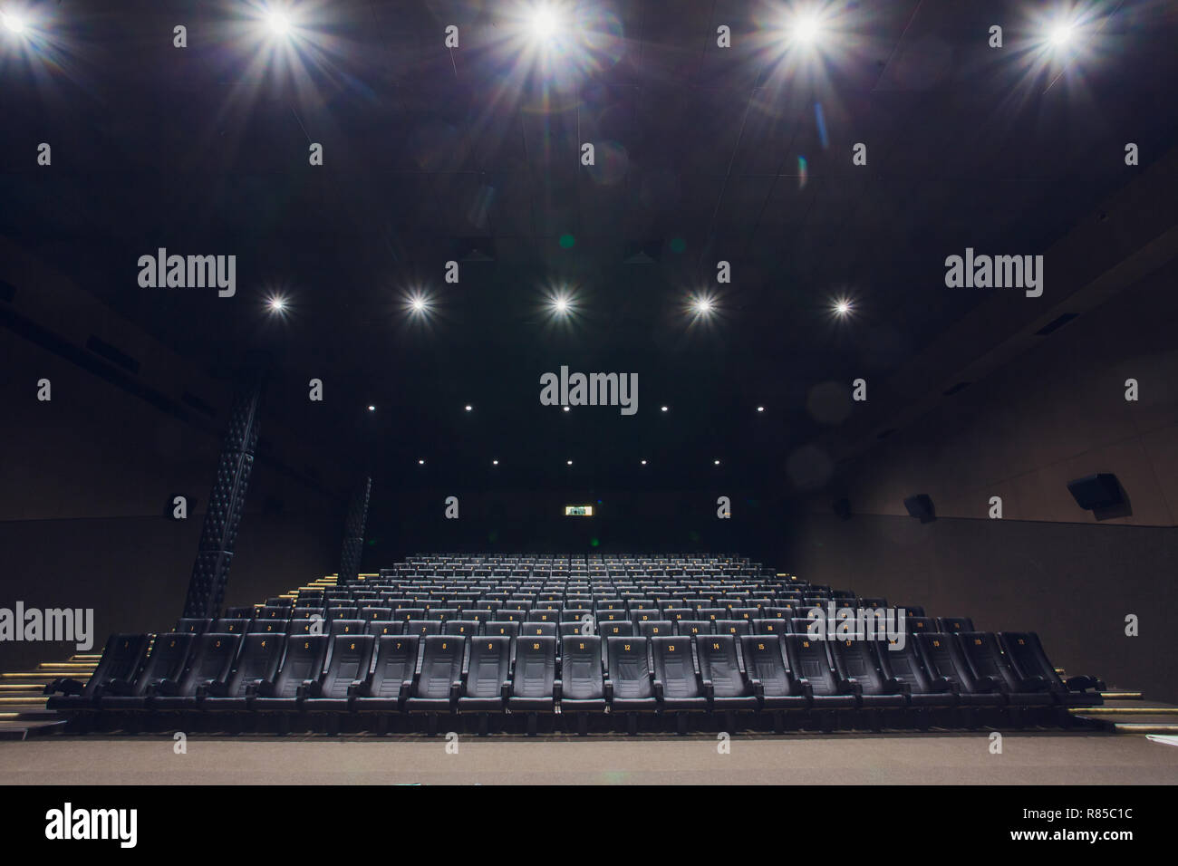 Empty silver cinema room interior with white screen and seats Stock ...