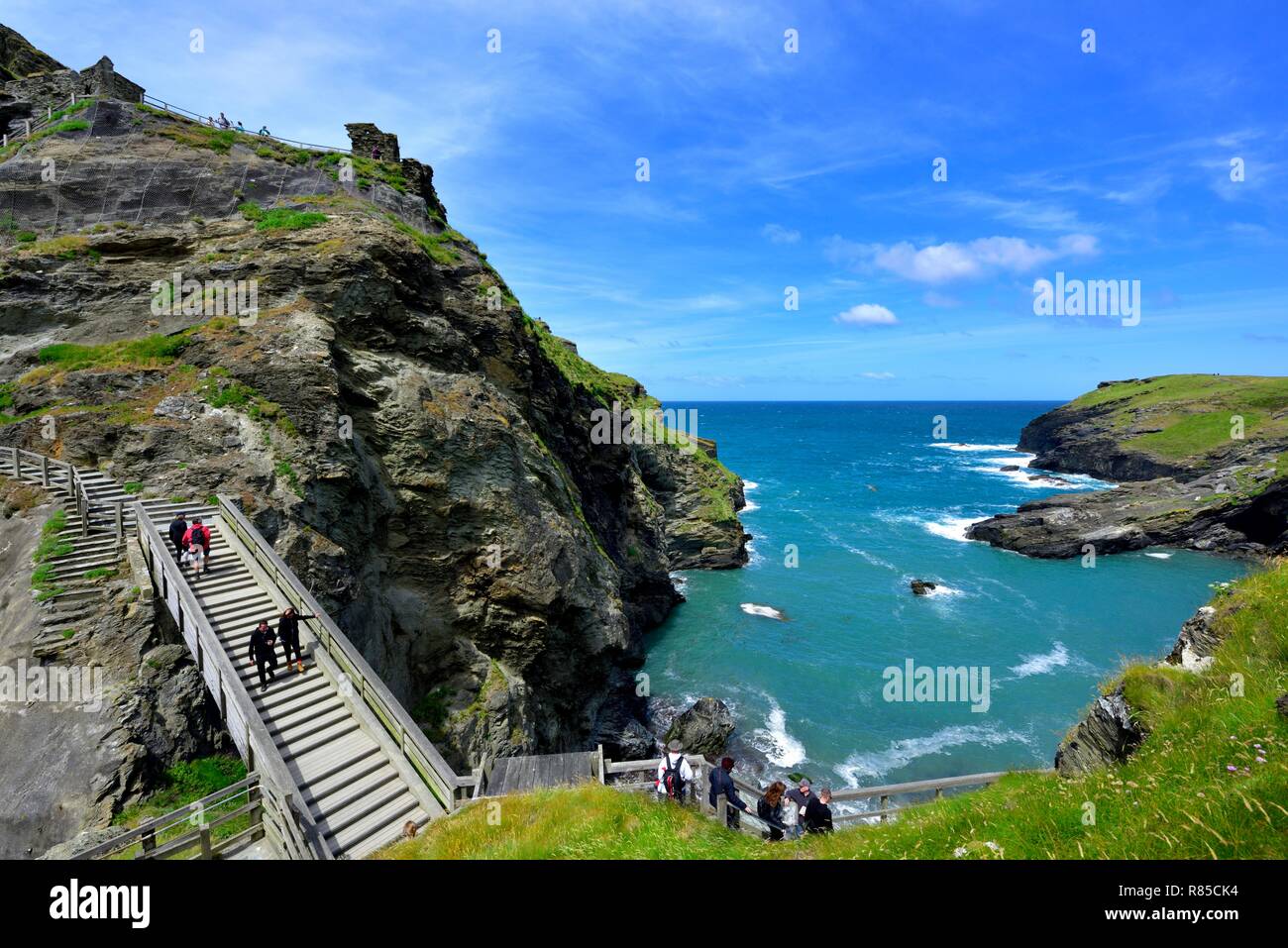 Wooden bridge leading to Tintagel castle,Island Peninsula,Cornwall ...