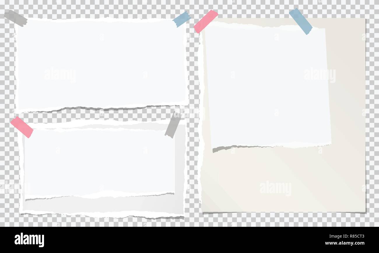 White ripped notebook paper, torn note paper strips stuck on squared ...