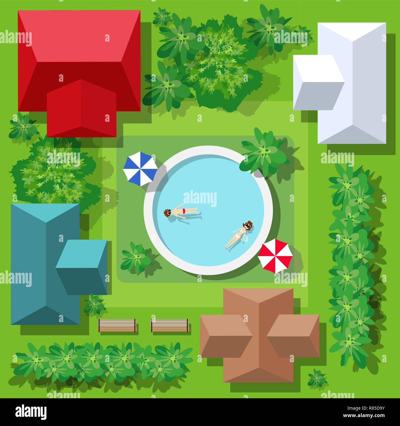 Top view of the swimming pool with beach umbrellas and vacationers ...