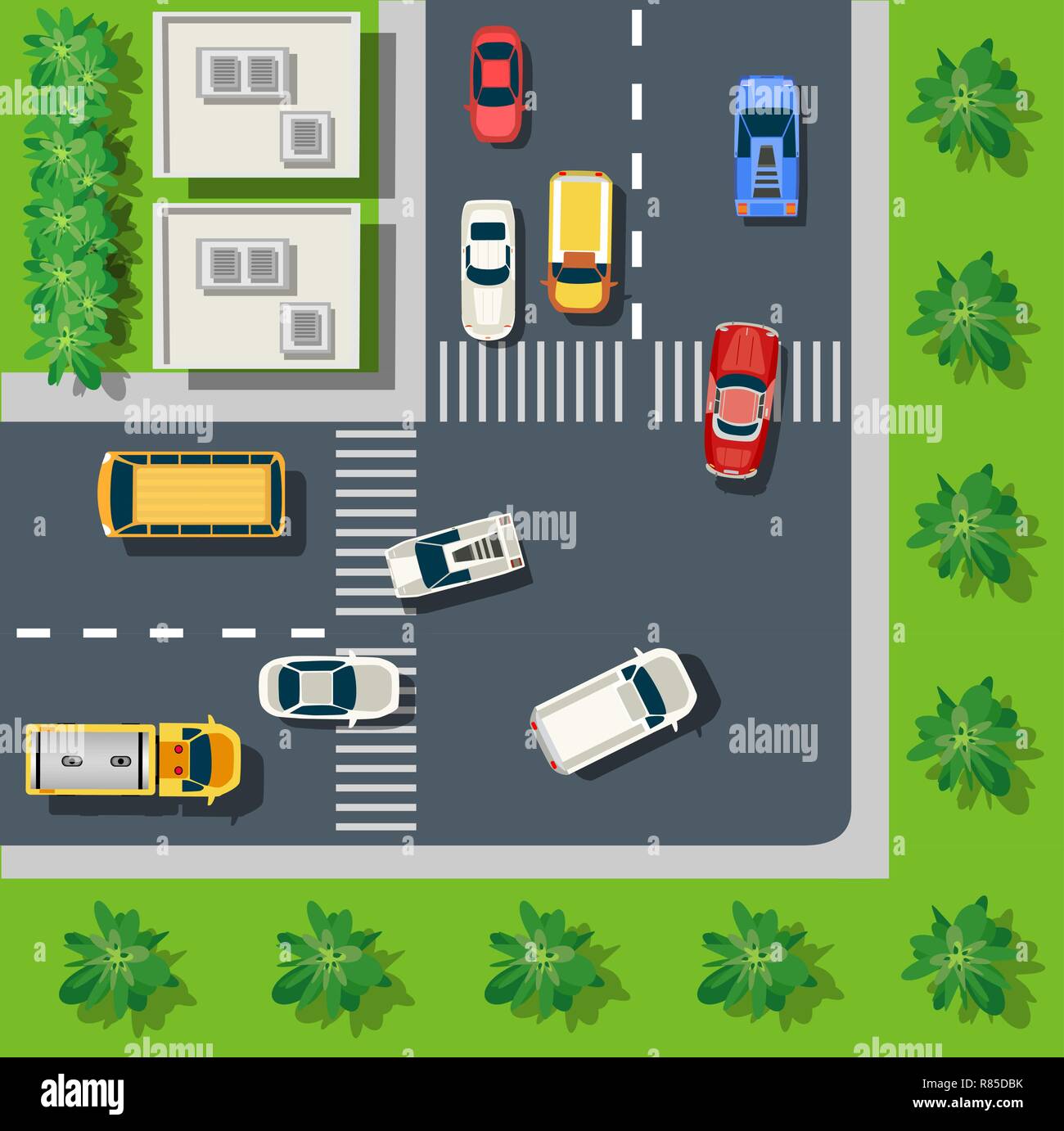 Top view of the urban landscape. Traffic road with cars, houses and ...