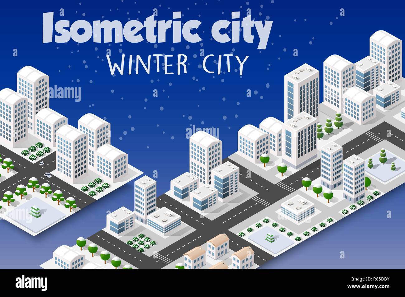 Isometric set of the modern 3D city. Winter landscape snowy trees ...