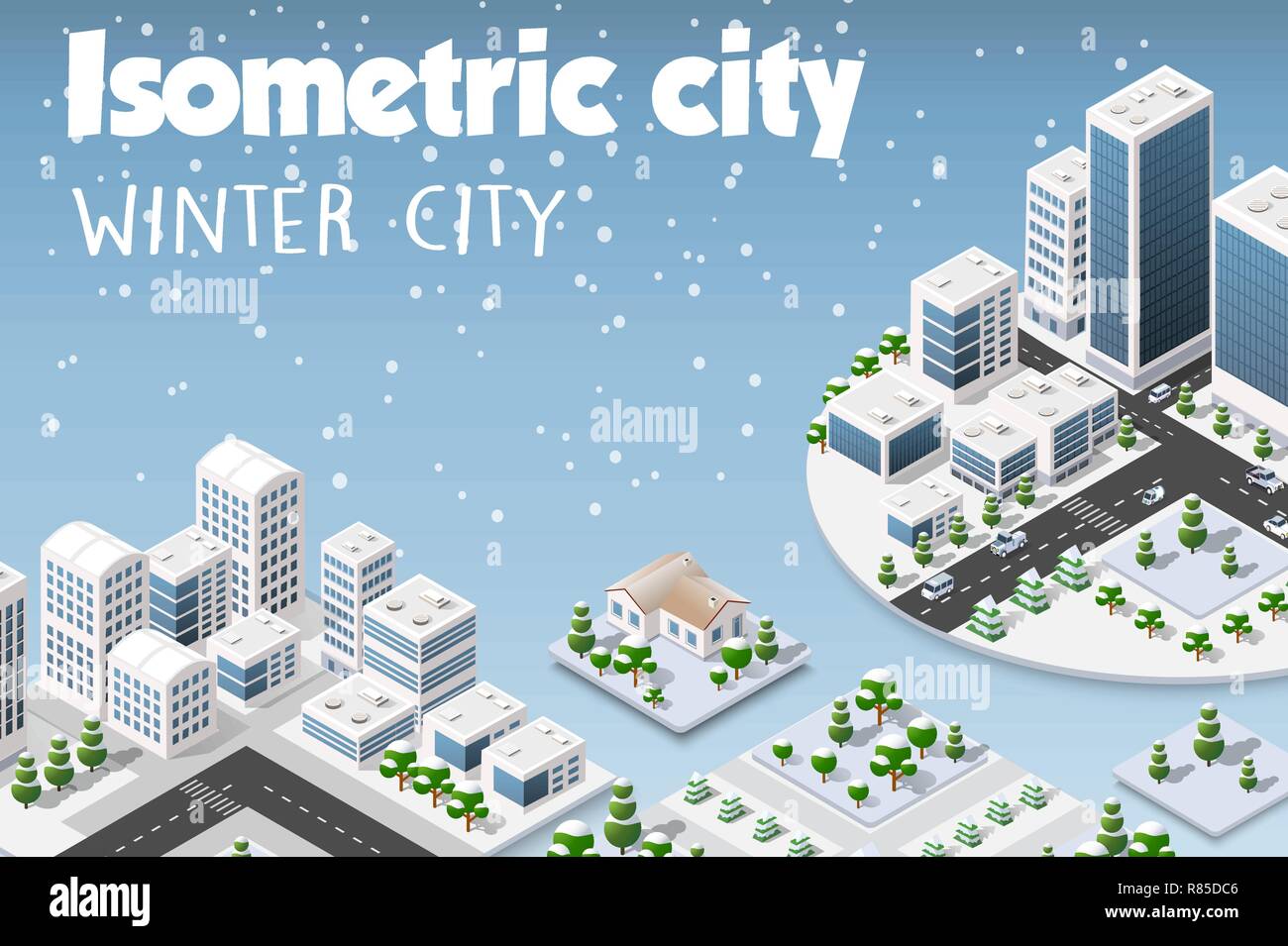 Isometric set of the modern 3D city. Winter landscape snowy trees ...