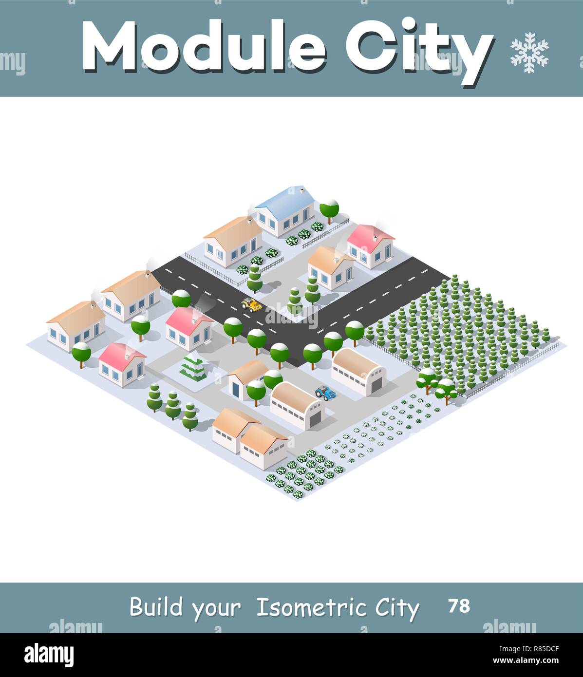 Isometric module of the modern 3D city. Winter landscape snowy trees ...