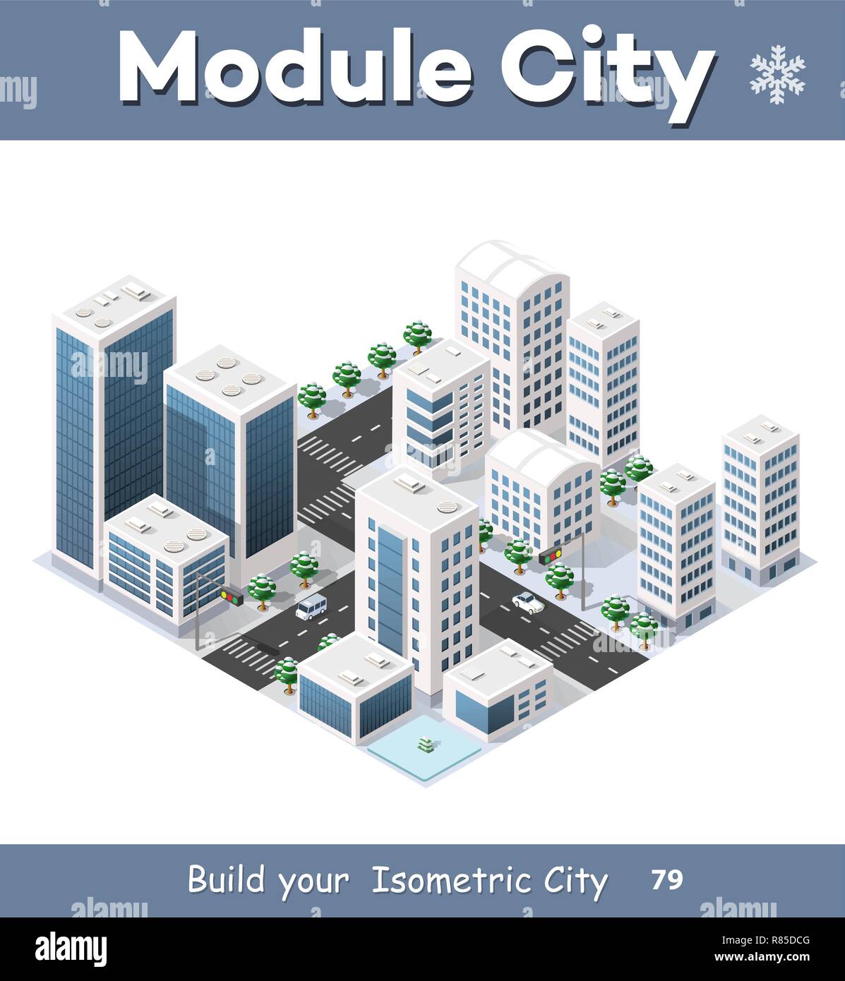 Isometric module of the modern 3D city. Winter landscape snowy trees ...