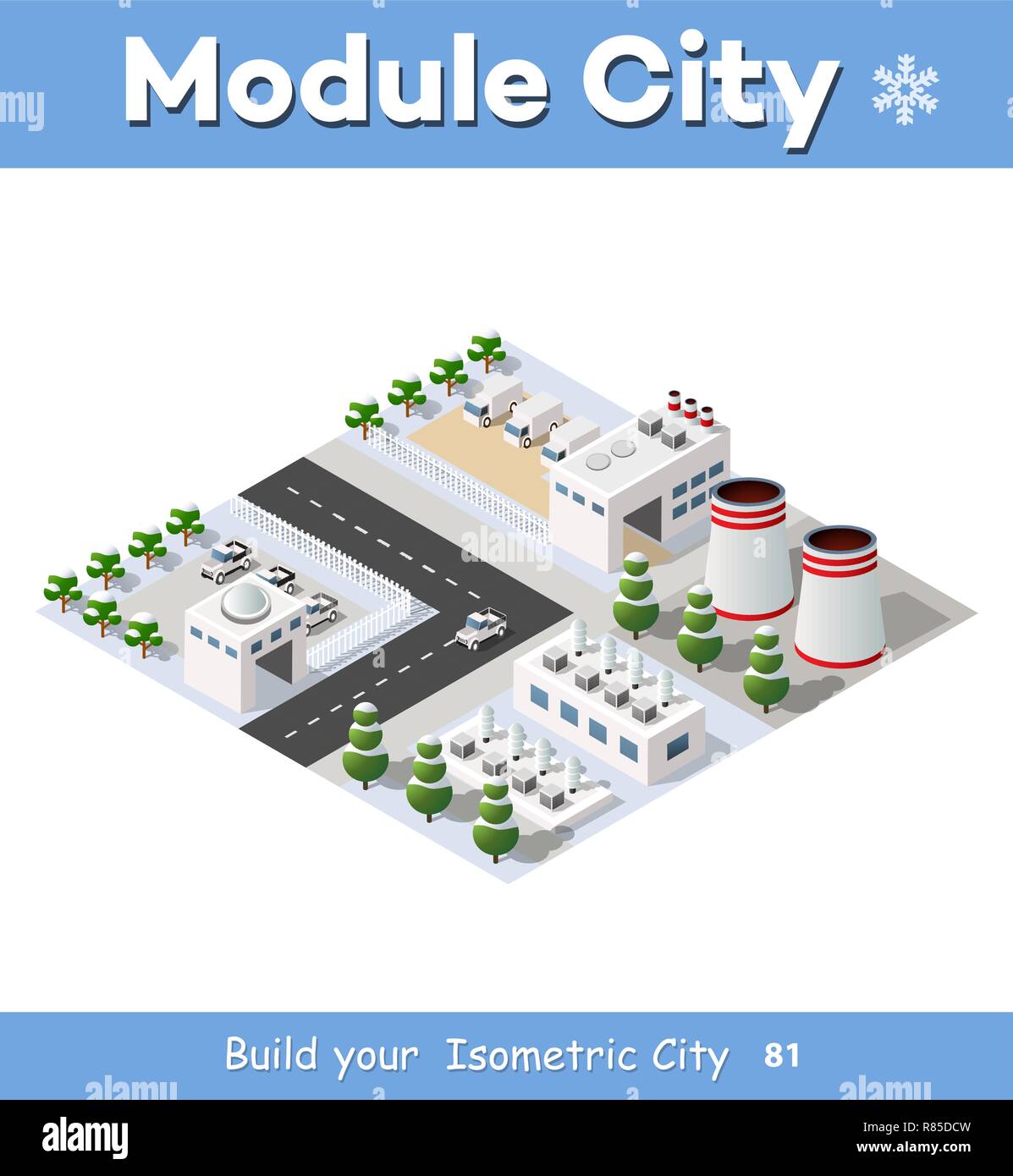 Isometric module of the modern 3D city. Winter landscape snowy trees ...