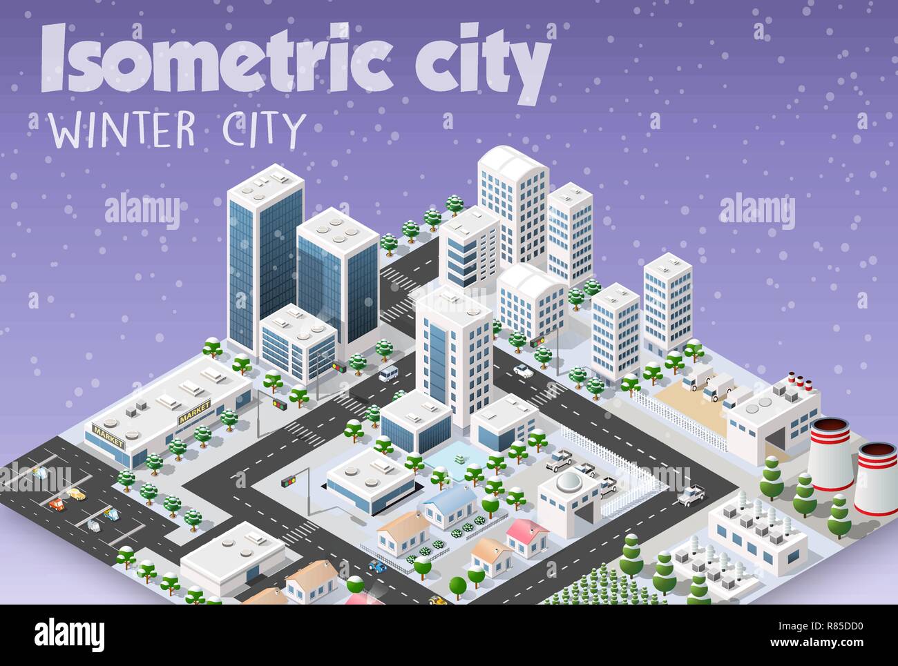 Isometric module of the modern 3D city. Winter landscape snowy trees ...